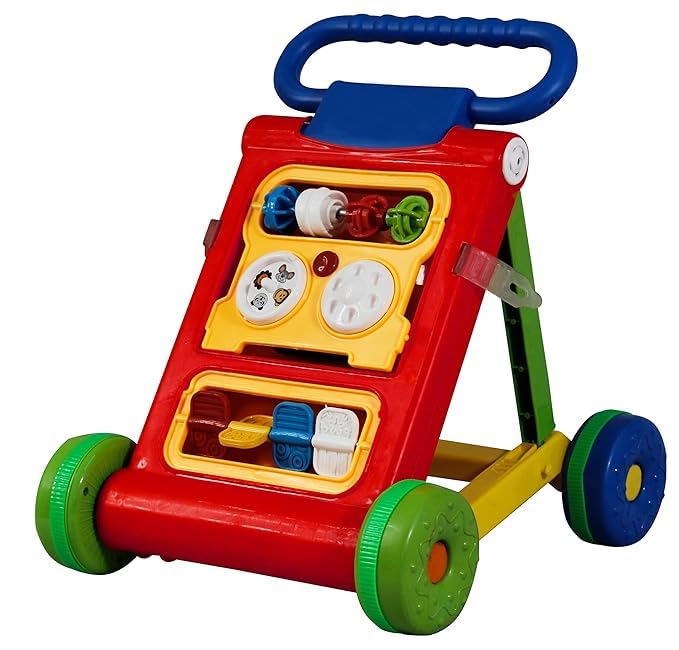 2-in-1 Interactive Push Ride-On Toy with Lights, Sounds and Activities ...
