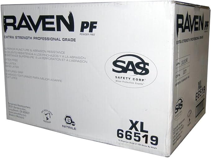 SAS Safety 66519 Raven Powder-Free Nitrile Disposable Glove, X-Large ...