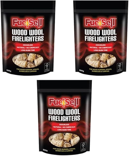 FuelSell Wood Wool Firelighters (300g * 3 - Approx 20 pieces * 3) Pack ...
