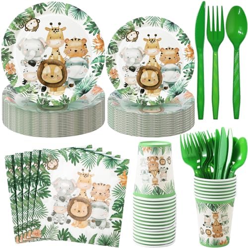 Amazon.com: 96 Pcs Jungle Zoo theme Tableware Set Green Animals Theme ...