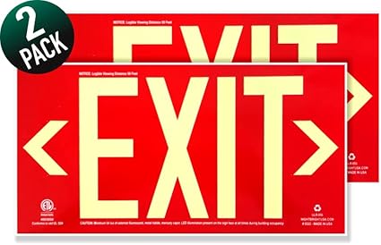Photoluminescent Exit Sign Red - Pack of 2 - Aluminum - UL 924 Code ...