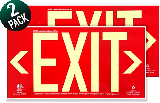 Photoluminescent Exit Sign Red - Pack of 2 - Aluminum - UL 924 Code ...