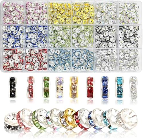 Amazon.com: shynek 300 Pieces Rondelle Spacer Beads for Jewelry Making, 10mm Rhinestone Spacer ...