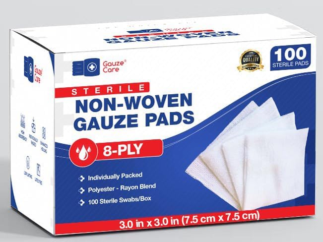 Amazon.com: Non-Woven Sterile Gauze Pads 3x3 Pack of 100| 8-ply Gauze ...