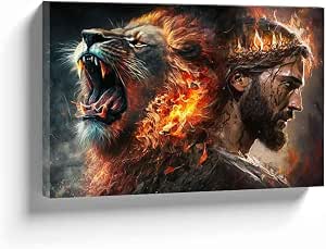 Amazon.com: Fantasy Lion and Jesus On Fire Art Faith Canvas Powerful ...