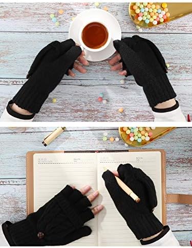 Women Convertible Glove Cable Knit Glove Half Finger Mitten with Cover ...