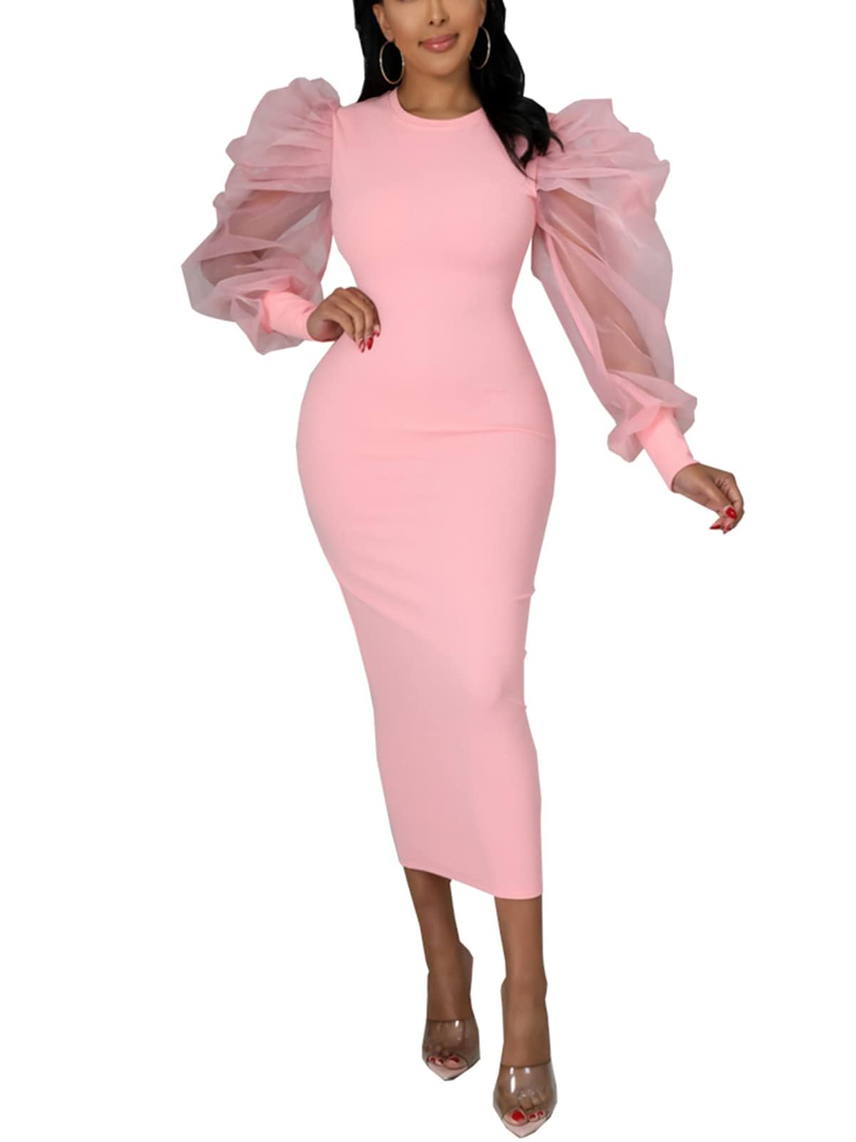 Women's See Through Bodycon Dress Long Puff Lantern Sleeve Sheer Mesh ...