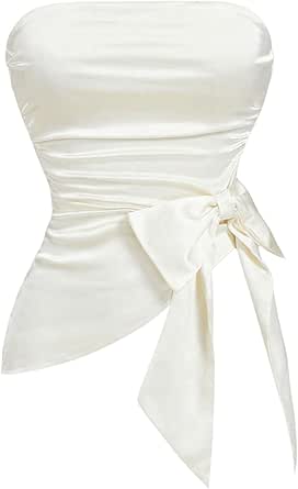 WDIRARA Women's Satin Big Bow Knot Tube Top Strapless Asymmetrical Hem ...