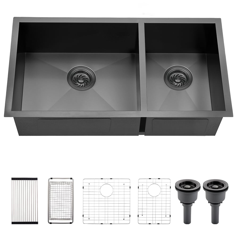 33 Black Undermount Double Bowl Kitchen Sink, Dorzom 33" x 17" x 9 ...