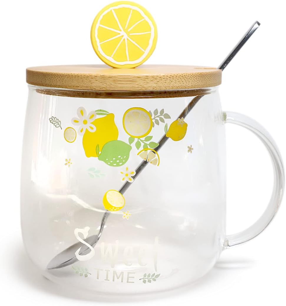 Amazon.com | GinkgoHome Cute Lemon Mug Glass Mug with Spoon and Wood ...