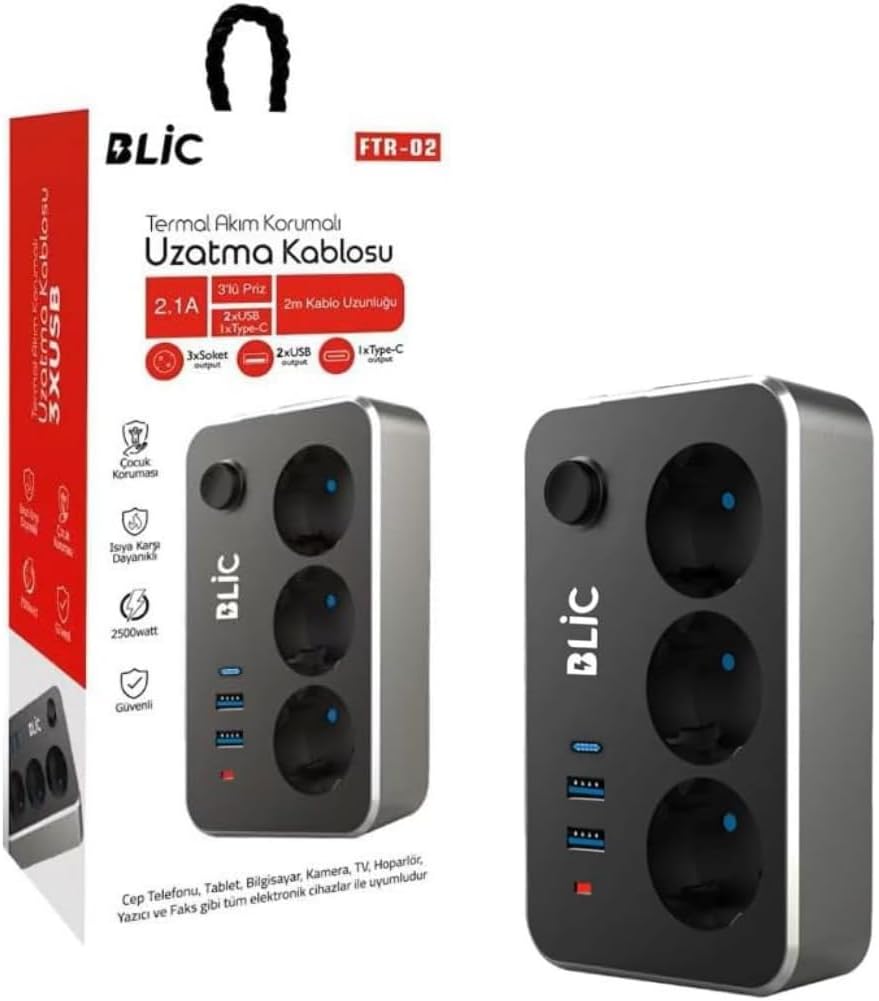 Akım Korumalı Priz, 3x Priz Soketi, 2x Usb Girişi, 1x Type-C Girişi ...