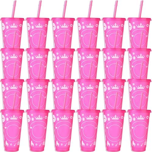 Amazon.com | Vesici 12 Pcs 16 oz Pink Cups Princess Plastic Cups with ...