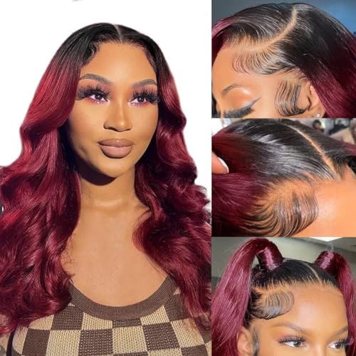 Amazon.com : FNSD 22 Inch Burgundy Lace Front Wigs Human Hair 13x4 Dark ...