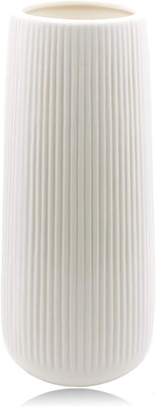 White Ceramic Ribbed Vase for Home Decor, Tall 8 Inch Decorative Vase ...