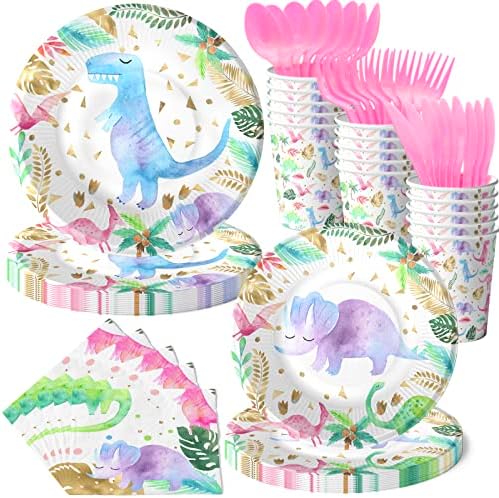 Amazon.com: HEETON 80Pcs Girl Three Rex Birthday Party Supplies Plates ...