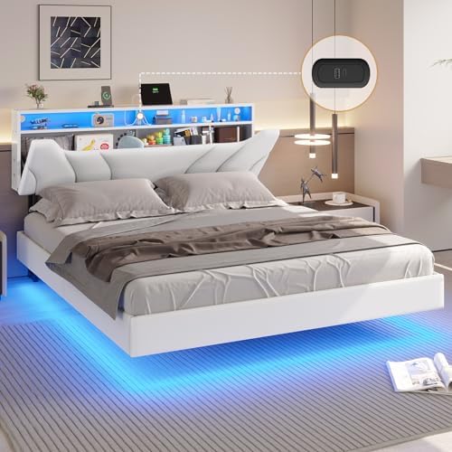 Amazon.com: DICTAC Queen Size Floating Bed Frame with LED Lights LED Queen Bed Frame with ...