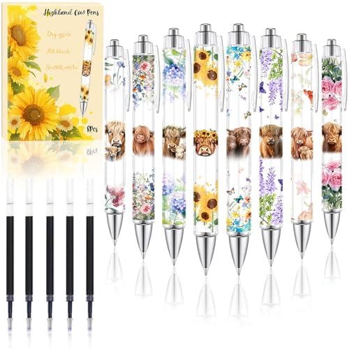 8PCS Highland Cow Print Pens with 5 Extra Black Refills Rustic Themed ...