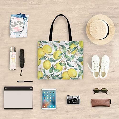 QMIN Leinen-Tragetasche mit Zitronen-Frucht-Blätter-Muster ...