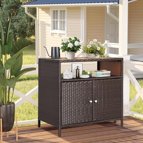 Amazon.com: LETATA Outdoor Wicker Storage Cabinet Bar, Patio BBQ ...