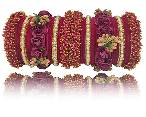 Buy The Golden Cascade' Maroon Colour Flower Set Chuda Metal Bangles ...