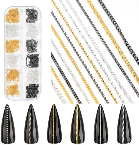 Amazon.com: WOKOTO 12 Gold Black And Silver Metallic 3D Nail Chains ...
