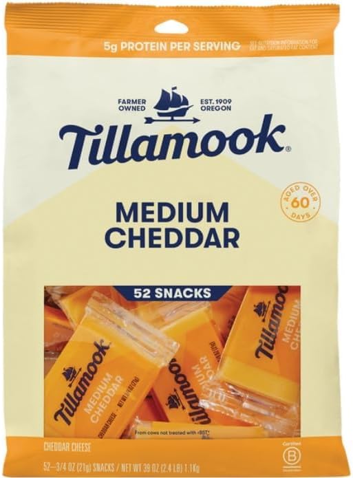Amazon.com: Tillamook Medium Cheddar Snacking Cheese, 0.75 oz, 52 ct ...