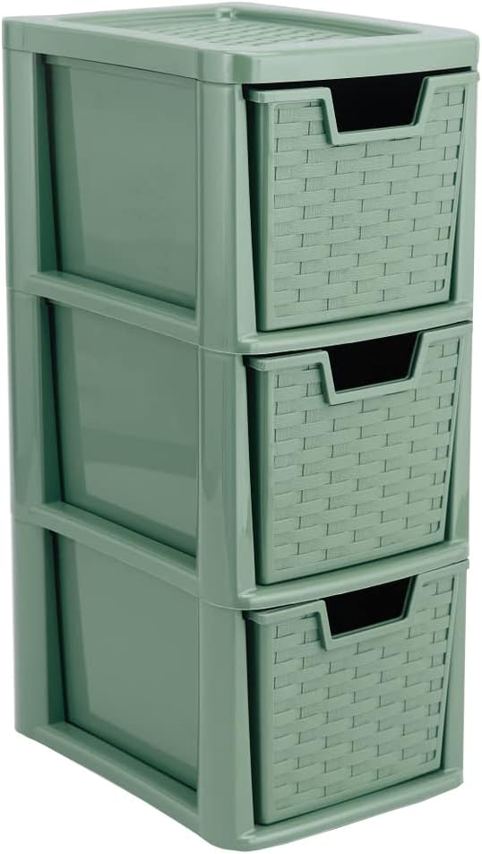 Small Green Plastic Rattan 3 Drawer Mini Storage Tower Unit Home Office ...