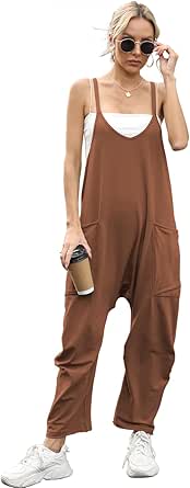 Amazon.com: Lopath Women's Loose Stretchy Harem Overalls Jumpsuits Spaghetti Strap V Neck ...