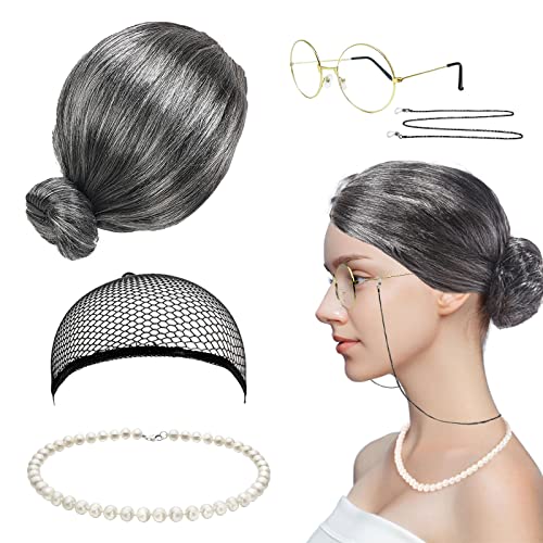MIVAIUN 5 Pcs Old Lady Costume Cosplay Set, Old Lady Granny Wig, Silver ...