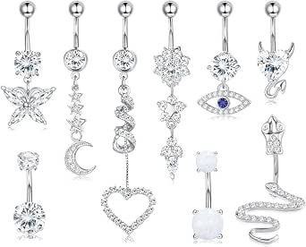 Difistik 9Pcs Belly Button Bars, 14G 316L Surgical Steel Dangly Belly ...