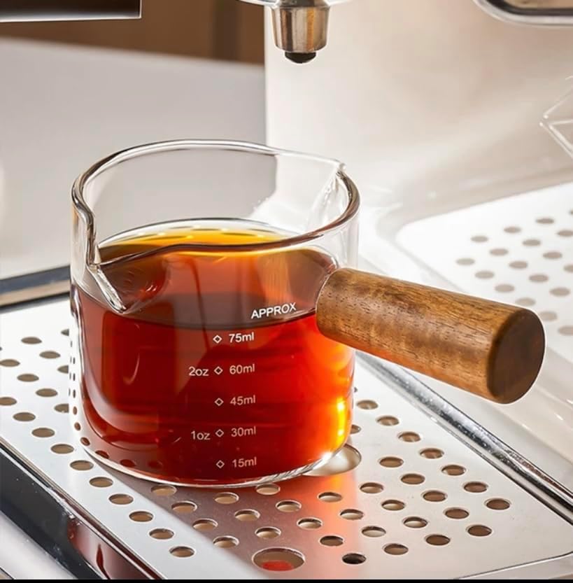 Espresso Messbecher aus Glas mit Holz Griff 100ml, Milch Messbecher ...