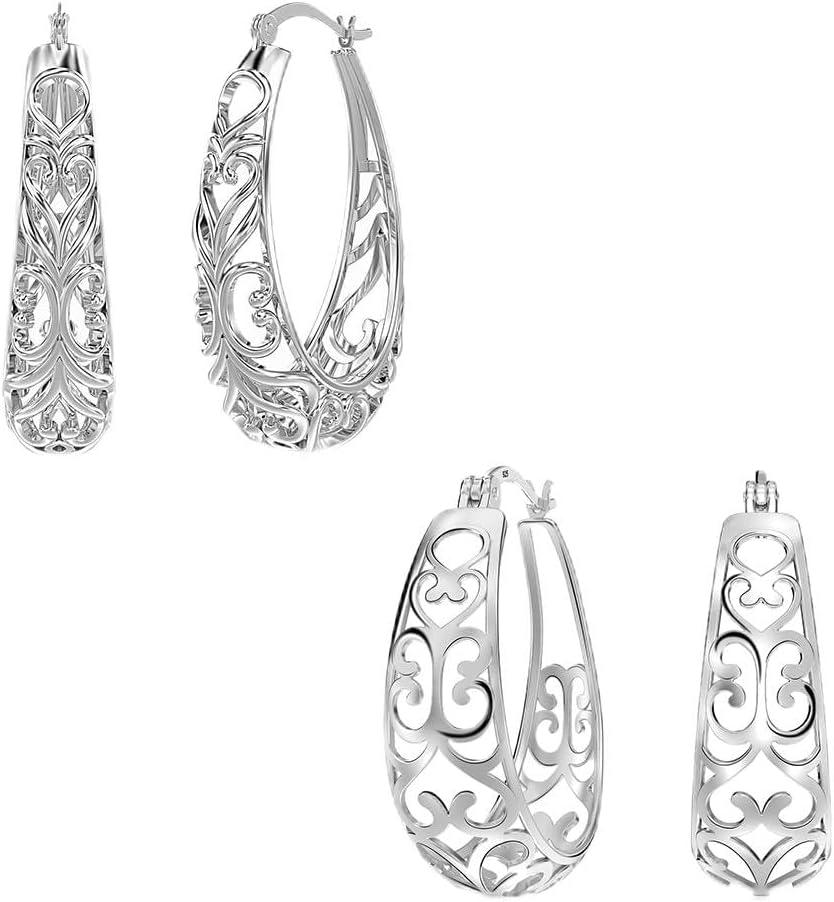 Amazon.com: LeCalla 925 Sterling Silver Hoop Earrings for Women | Set of 2 Oval Mesh Filigree ...