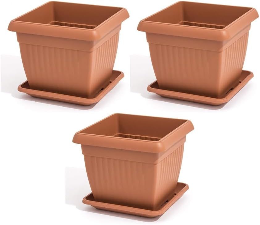 Stolmet Terra Square Flower Pot Set of 3 with Saucers - Terracotta ...