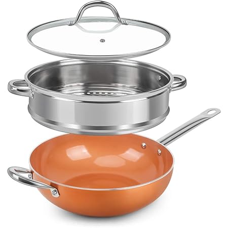 Amazon.com: MasterPan Copper tone 12-inch Ceramic Non-stick Wok with ...