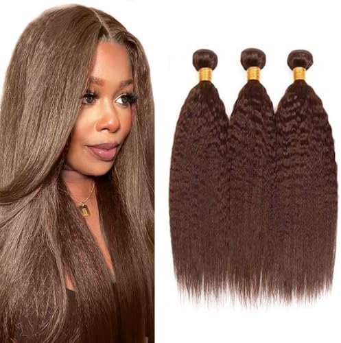 Amazon.com : Color #4 Kinky Straight Human Hair Bundles - Chocolate Brown Mixed Length 3 Bundles ...
