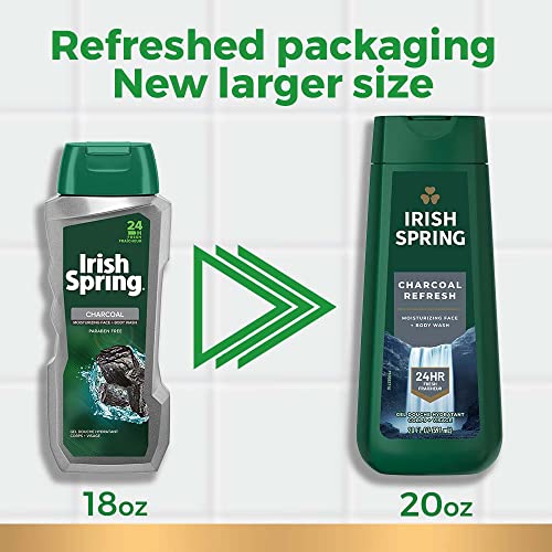 Irish Spring Men's Body Wash Shower Gel, Charcoal Refresh, 20 Oz, 4 Pack