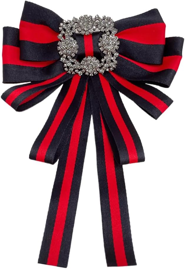 Amazon.com: Vintage Red Black Stripe Ribbon Crystal Big Bowknot Shirt ...