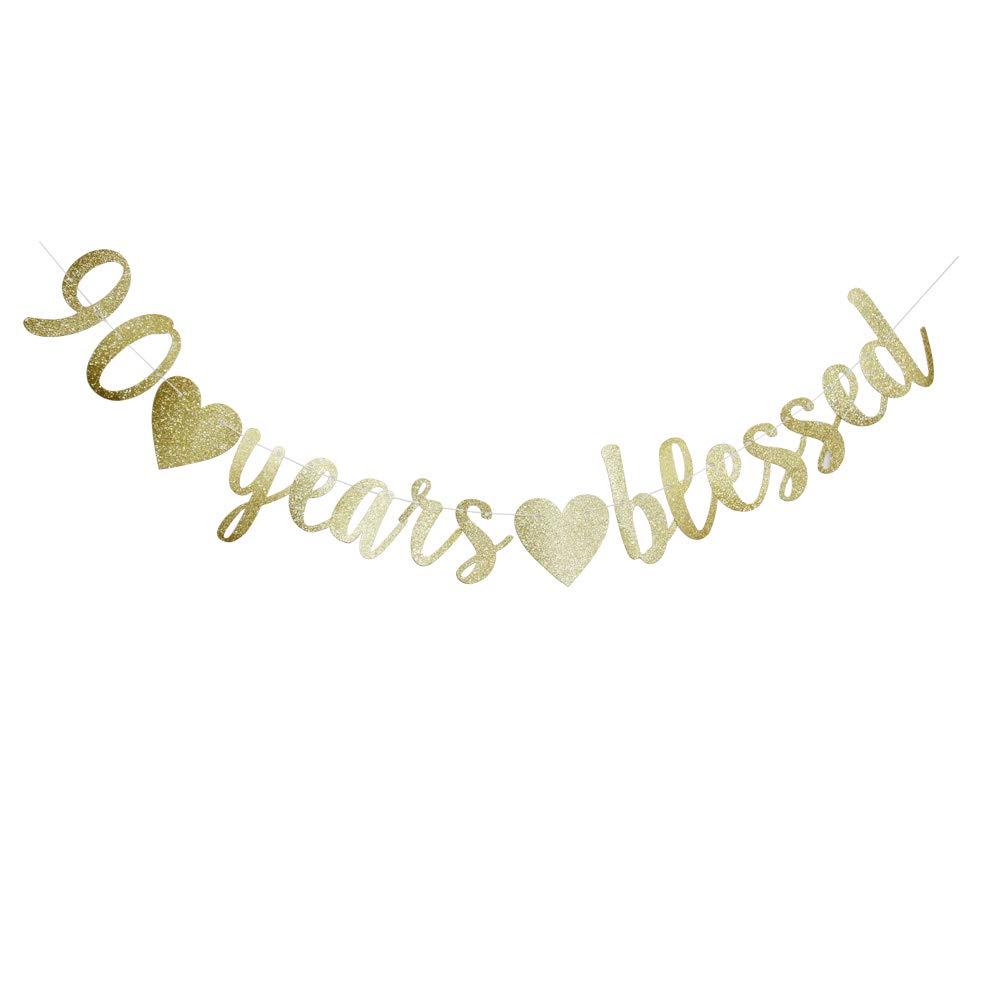 Amazon.com: 90 Years Blessed Banner, Funny Gold Glitter Sign for 90th ...