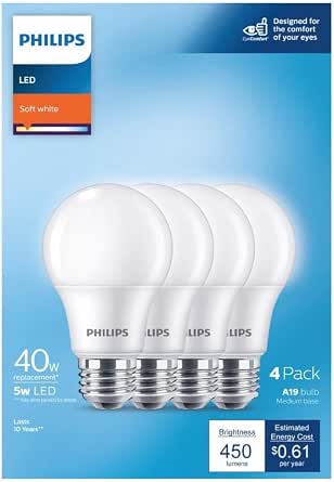 Philips A19 E26 (Medium) LED Bulb Soft White 40 Watt Equivalence 4 pk ...