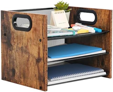 Amazon.com: HOYRR Wood Desk Organizer, 3-Tier Wood Paper Tray, Rustic ...