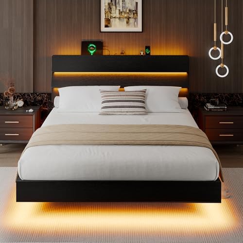 Amazon.com: VINGLI Floating Queen Bed Frame with LED Lights and ...