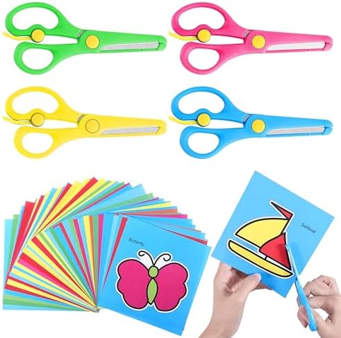 4 Pcs Kids Scissors with 93 Colorful Animal Paper-Cuts, Childrens ...