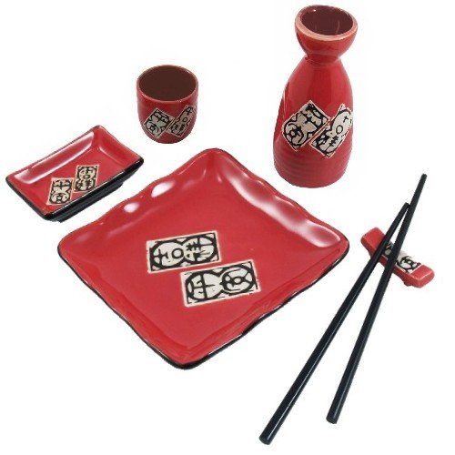 Buy Red Asian Saki Dinner for 1 Place Setting Plate Rest Chopsticks ...