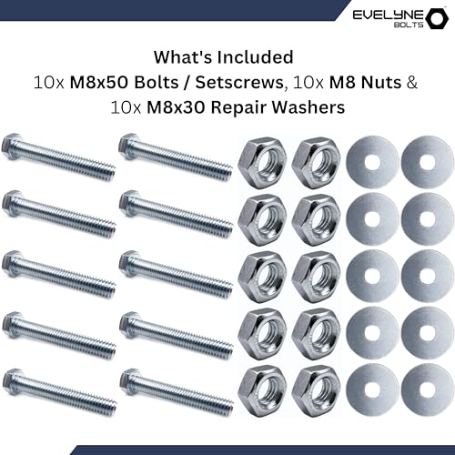 M8 Nut, Bolt & Repair Washer Set. 10 pack M8x50 Bolts, M8 Nuts & M8x30 ...