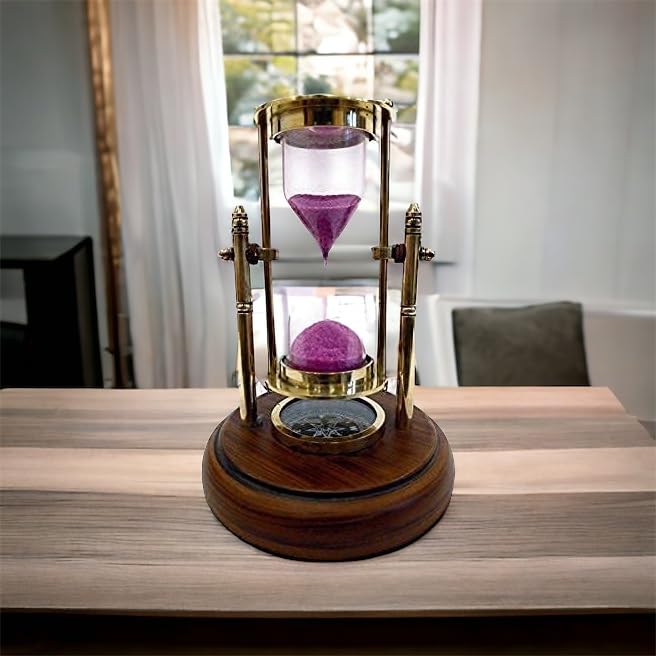 Antique Brass Sand Timer with Compass on Wooden Base Hourglass ...