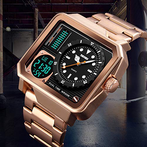 Men's Square Large Face Stainless Steel Digital Sports Watch, LED ...