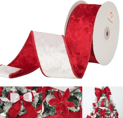 Amazon.com: HUIHUANG Red and White Velvet Wired Ribbon 2.5 inch Two ...
