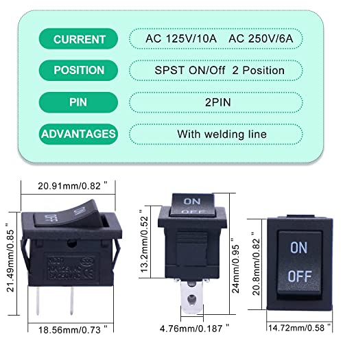 Snapklik.com : Twidec/5Pcs Rocker Switch AC 6A/250V 10A/125V SPST 2 ...