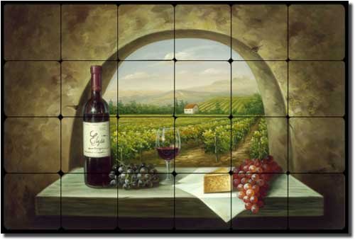 Vineyard View - Tuscan Vineyard Tumbled Marble Tile Mural 16" x 24 ...