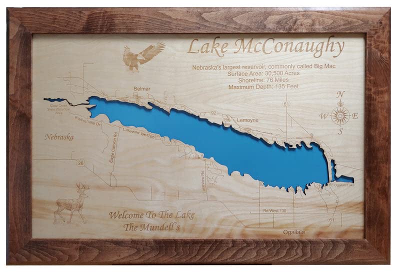 Amazon.com: Lake McConaughy, Nebraska: Framed Wood Laser Engraved Map ...